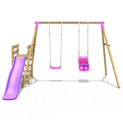 Rebo Wooden Swing Set plus Deck & Slide - Luna Pink