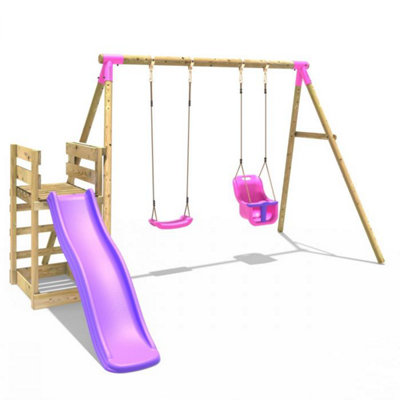 Rebo Wooden Swing Set plus Deck & Slide - Luna Pink