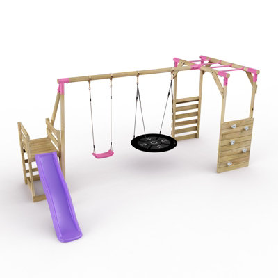 Rebo Wooden Swing Set plus Deck & Slide - Meteorite Pink