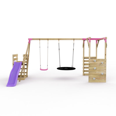 Rebo Wooden Swing Set plus Deck & Slide - Meteorite Pink