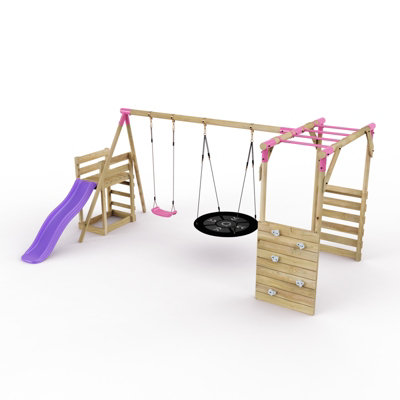 Rebo Wooden Swing Set plus Deck & Slide - Meteorite Pink