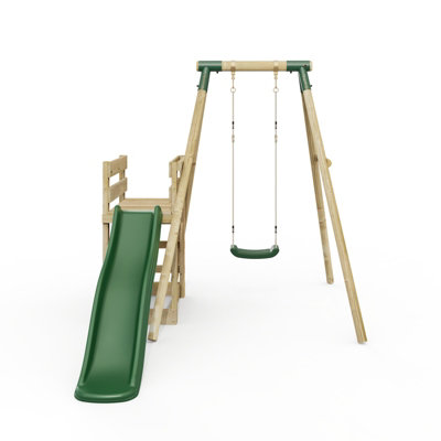 Rebo Wooden Swing Set plus Deck & Slide - Solar Green