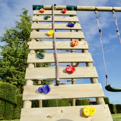 Rebo Wooden Swing Set with Deck and Slide plus Up and Over Climbing ...