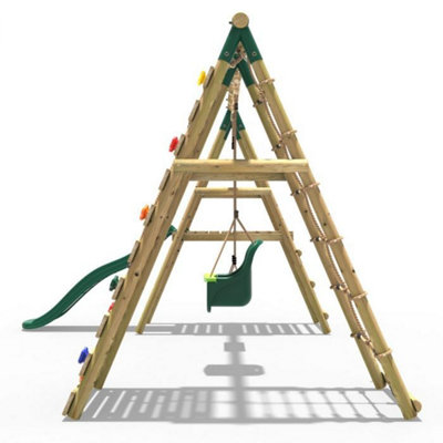 Rebo Wooden Swing Set with Deck and Slide plus Up and Over Climbing ...