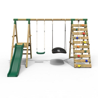 Rebo Wooden Swing Set with Deck and Slide plus Up and Over Climbing ...