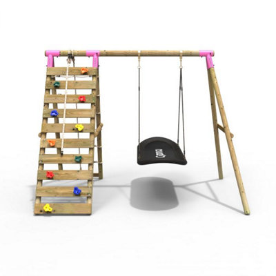 Rebo Wooden Swing Set with Up and Over Climbing Wall - Eden Pink