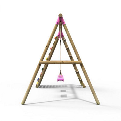 Rebo Wooden Swing Set with Up and Over Climbing Wall - Ela Pink
