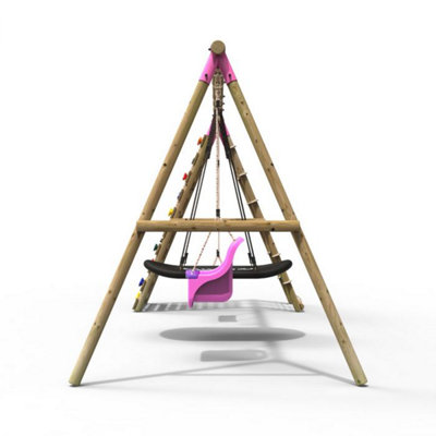 Rebo Wooden Swing Set with Up and Over Climbing Wall - Skye Pink