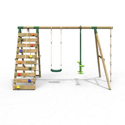 Rebo Wooden Swing Set with Up and Over Climbing Wall - Talia Green ...