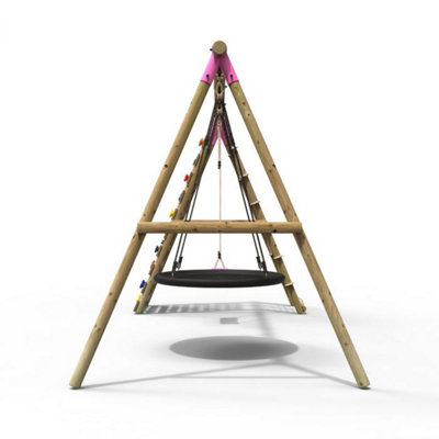 Rebo Wooden Swing Set with Up and Over Climbing Wall - Vale Pink