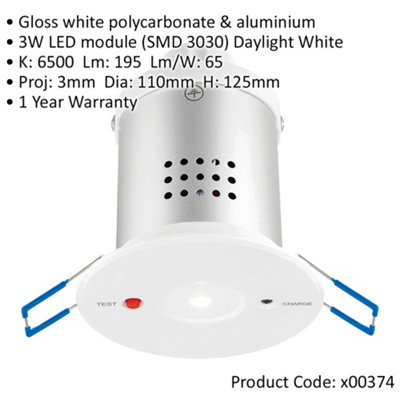 Recessed Emergency Ceiling Downlight - 3W Daylight White LED - Self ...