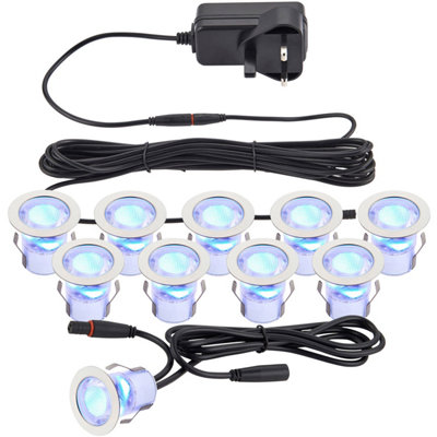 Recessed IP44 Decking Guide Light Kit - 10 x Blue Light LED - Stainless ...