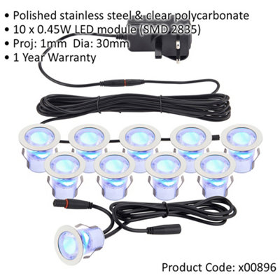 Recessed IP44 Decking Guide Light Kit - 10 x Blue Light LED - Stainless ...