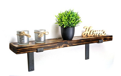 Reclaimed Wooden Shelf with Bracket Bent Down 7" 170mm - Colour Burnt ...