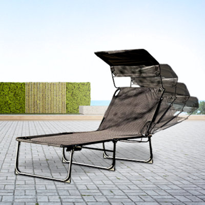 Reclining Sun Lounger with Side Storage Bag Sun Shade Roof Canopy and 4 Adjustable Modes Chair