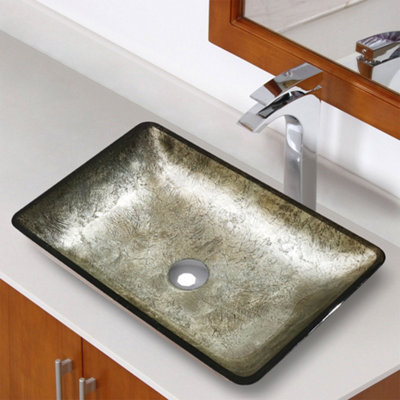 Rectangle Glass Bathroom Counter Top Basin Copper effect W 565 mm x D ...