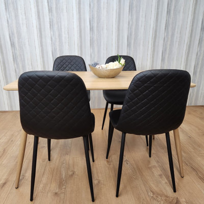 Rectangle Oak Effect Kitchen Dining Table With 4 Black Faux Leather ...