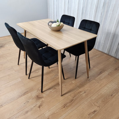Rectangle Oak Effect Kitchen Dining Table With 4 Black Velvet Tufted Chairs Dining Set