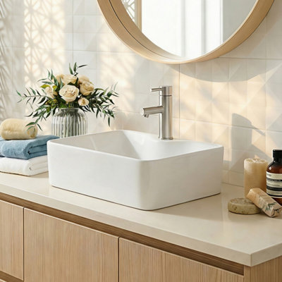 Rectangular Ceramic Countertop Basin with Central Drain Set in White
