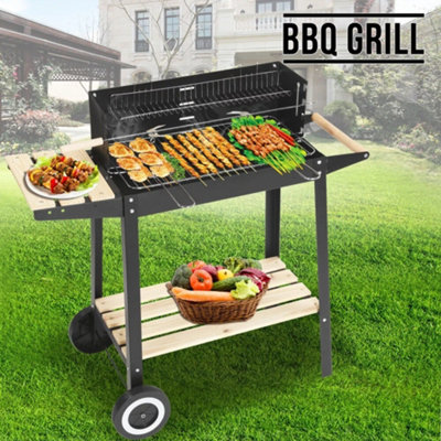 Rectangular Charcoal BBQ Grill with Side Shelf & Wheels - UK Garden & Patio