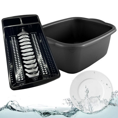 Rectangular Set Of Black Washing Up Bowl & Dish Drainer Rack Kitchen ...