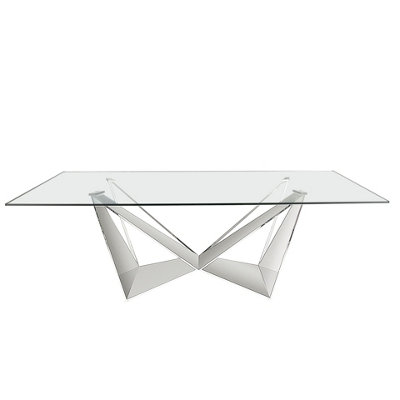 Rectangular tempered glass and chrome-plated steel dining table