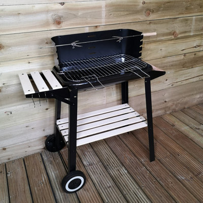 Rectangular Trolley Charcoal BBQ With Wheels Black with Wooden Shelves ...