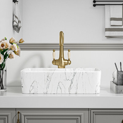 Rectangular White Ceramic Marble Effect Texture Countertop Basin ...