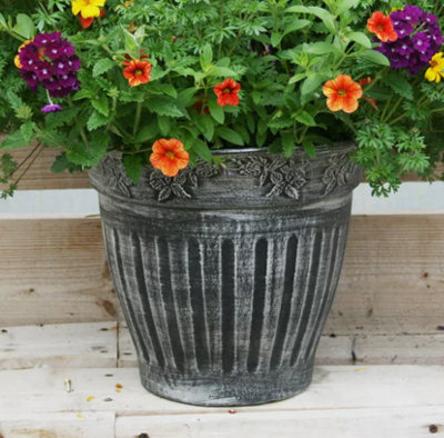 Recycled Plastic Planter Pot - 13.75" Floral Fluted Silver