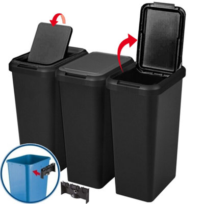 Recycling 45 Litre Set of 3 Waste Utility Plastic Bins Interlocking ...