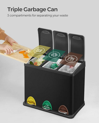Recycling Bin 3 in 1 Pedal Bin 24 Litre Metal Rubbish Bin Waste Separation System Dustbin