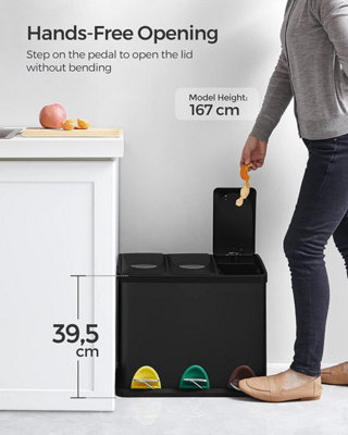 Recycling Bin, 3-in-1 Pedal Bin, 24-Litre Metal Rubbish Bin, Waste ...