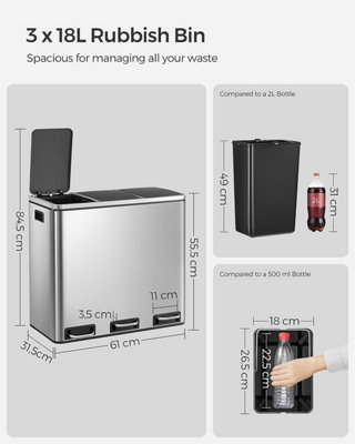 Recycling Bin, Trio Trash Can, 3 x 18L, with 3 Compartments, Soft ...