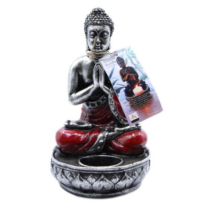 Red Bali Hand-Painted Buddha Candle Holder - Namaskara Mudra Decor