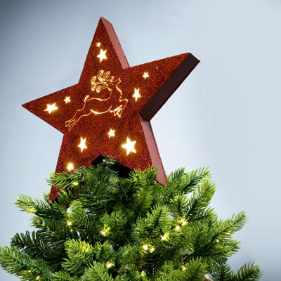 Red Battery-Powered Star Tree Topper - Reindeer & Stars Scene