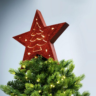 Red Battery-Powered Star Tree Topper - Tree & Stars Scene
