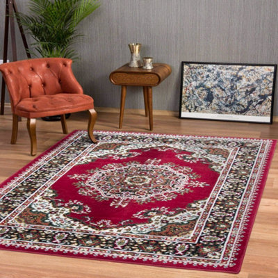 Red Bordered Traditional Living Room Rug 80x150cm