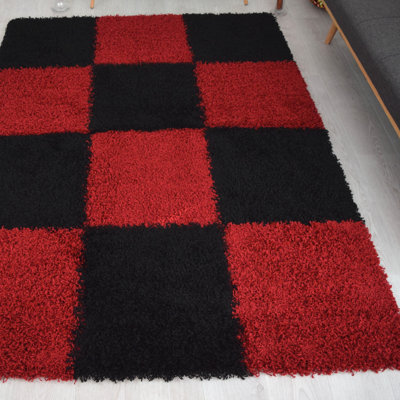 Red Checked Thick Shaggy Rug - California