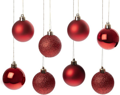 Red Christmas Baubles Set 10 Medium Shatterproof Glitter Multi Finish ...
