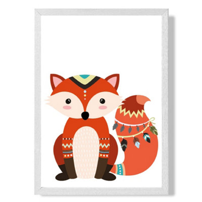 Red Fox Tribal Animal Art Print with White Frame SIZE: A4