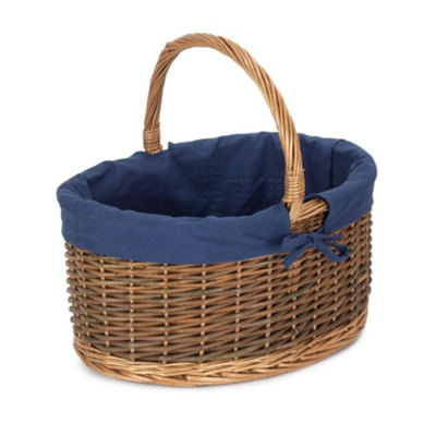 Red Hamper C083N Wicker Large Blue Lined Country Oval Shopping Basket