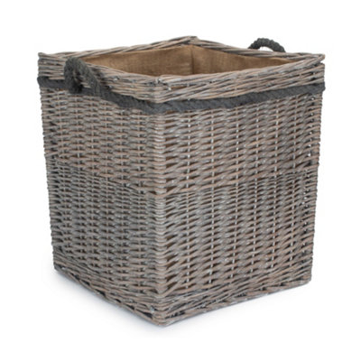 Red Hamper ST085/2 Medium Wicker Grey Wash Square Hessian Lined Log Basket