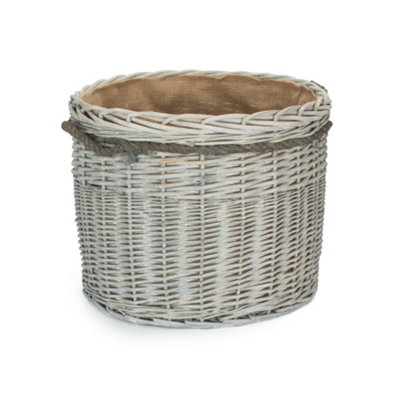 Red Hamper ST087/2 Medium Wicker Grey Wash Round Hessian Lined Log Basket