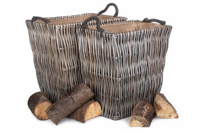 Red Hamper W064-065 Wicker Set of 2 Rectangular Grey Log Basket