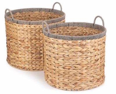 Red Hamper WH021 Set of 2 Round Water Hyacinth Basket With Grey Rope Border