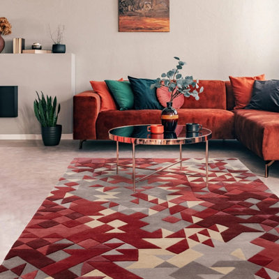 Red Multi Geometric Handmade Modern Optical/ (3D) Rug For Living Room ...