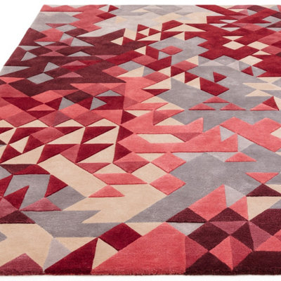 Red Multi Geometric Handmade Modern Optical/ (3D) Rug For Living Room ...