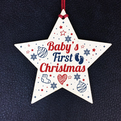 Red Ocean Babys First Christmas Gift Wooden Star Tree Bauble 1st Xmas ...