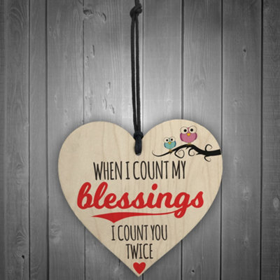 Red Ocean Blessings Count You Twice Wooden Hanging Heart Plaque