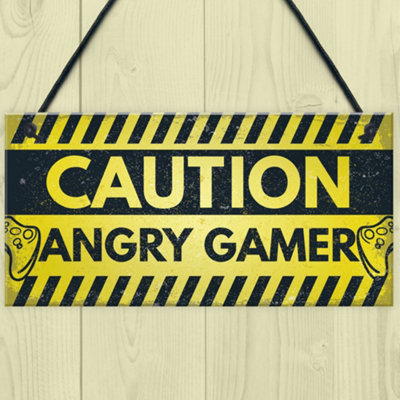 Red Ocean Caution Angry Gamer Hanging Door Sign Gamer Gifts Gamer ...